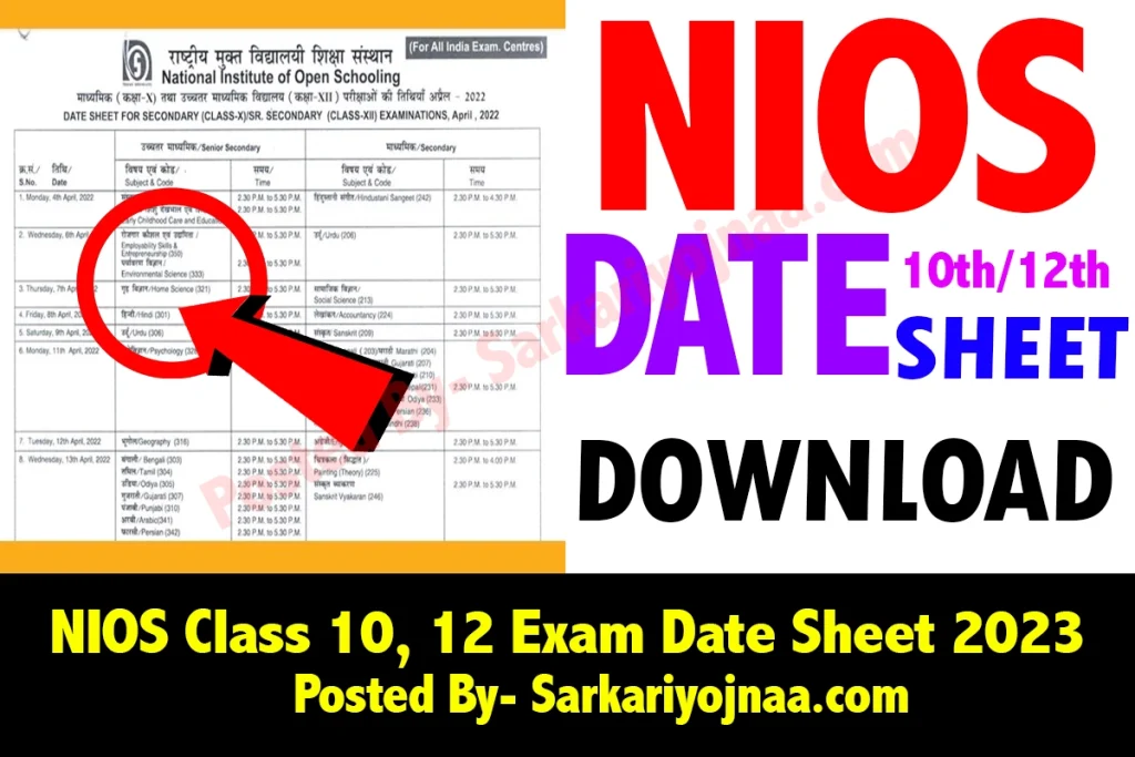Nios 10th 12th Exam Date Sheet 2023 Time Table Exam Date